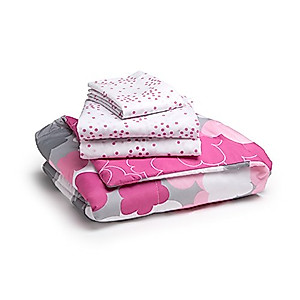 Delta Children 4 Piece Toddler Bedding Set for Girls - Reversible 2-in-1 Comforter - Includes Fitted Comforter to Keep Little Ones Snug, Bottom Sheet, Top Sheet, Pillow Case - Pink Clouds