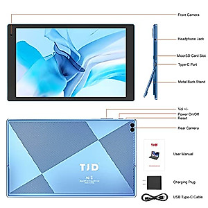 TJD Android Tablet 10 inch, 128GB ROM Tablet PC, Quad-Core Processor, 6000mAh Battery Dual Camera Stereo Speakers, WiFi, Bluetooth, Gaming Reading Google Touchscreen Tablets (Blue)