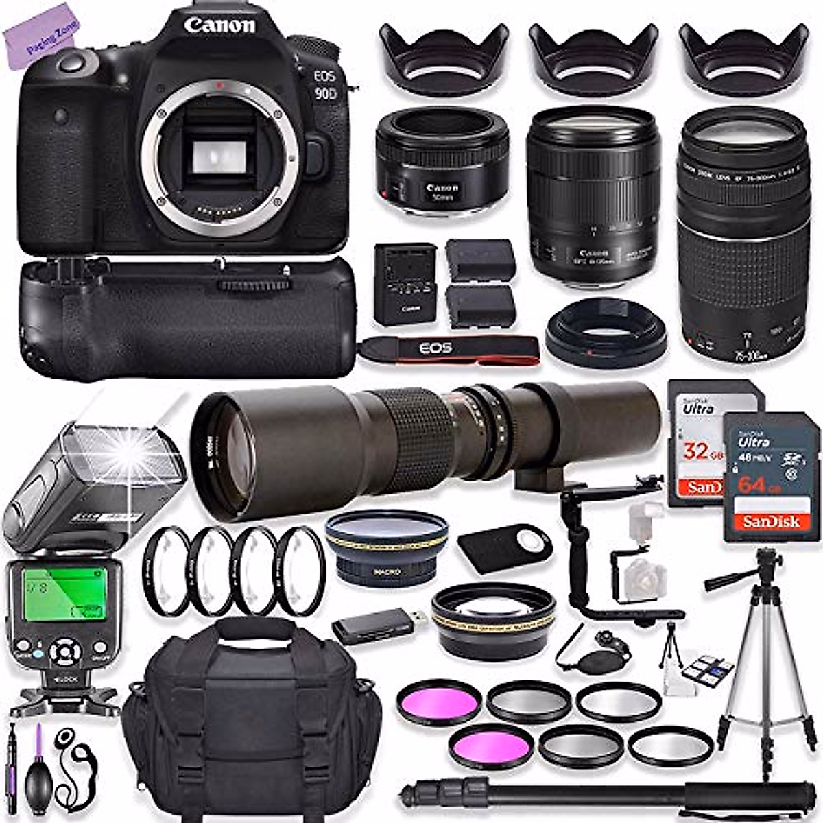 Canon EOS 90D DSLR Camera w/ 18-135mm Lens Bundle + Canon 75-300mm III Lens, Canon 50mm f/1.8 & 500mm Preset Lens + Case + 96GB Memory + Battery Grip + Speedlight Flash + Professional Bundle