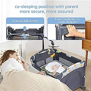 BLOROOM 6-in-1 Pack and Play, Baby Bedside Sleeper with Bassinet, Multifunction Bedside Crib Newborn to Toddlers, Diaper Changer, Playard, Safety Strap, Music Box & Hanging Toys,Mosquito net (Gray)