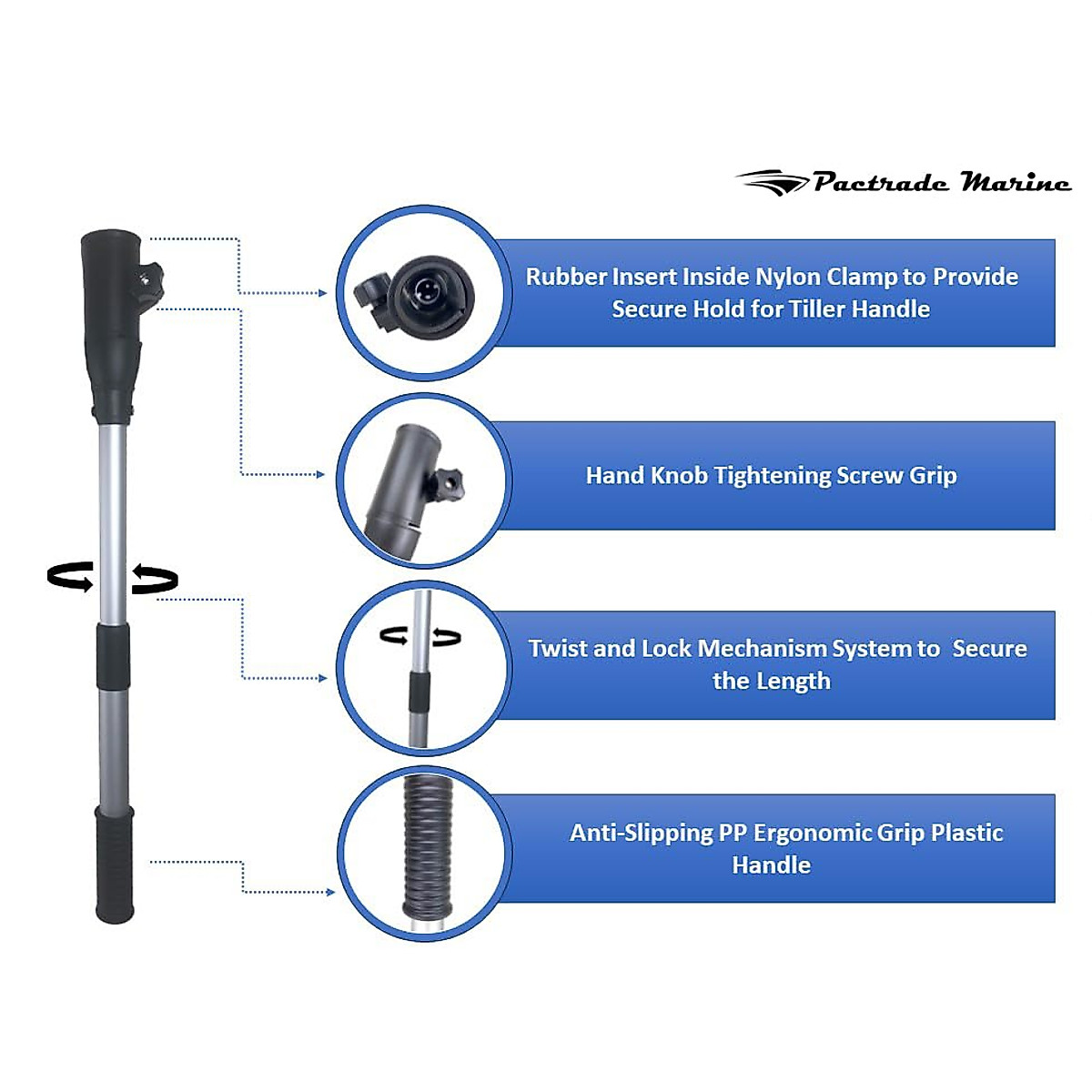 Pactrade Marine Boat Tiller Handle Extension Ergonomic Grip Anodized Aluminum Tubing Suitable for Outboard and Hand-Operated Universal Trolling Motor (Extendable 17.5" - 24.6")