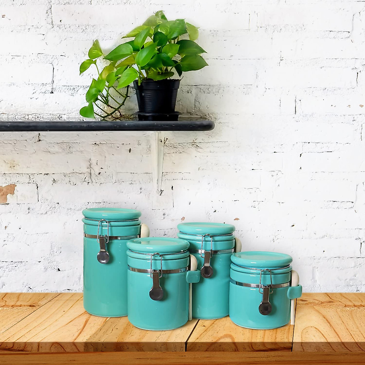 Blue Donuts 4-Piece Canister Sets for Kitchen Counter - Ceramic Airtight Food Storage Containers, Kitchen Canisters with 4 Wooden Spoons, Set of 4-45 Oz, 40 Oz, 33 Oz, 25 Oz, Turquoise