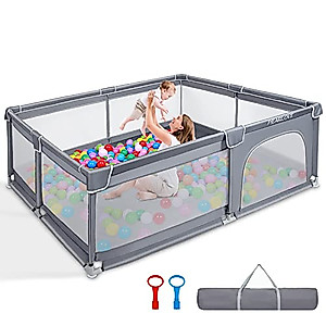 Baby Playpen, 71x59 Extra Large Playpens for Babies and Toddlers, Safe No Gaps Kids Play Yard with Breathable Mesh 2 Handles, Baby Gate Playpen, Baby Fence Indoor & Outdoor （Gray）