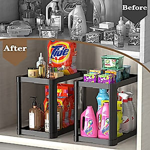2 Pack Under Sink Organizers and Storage, 2 Tier Expandable Under Bathroom Cabinet Basket Storage Rack, Multi-purpose Storage Shelf for Bathroom Kitchen