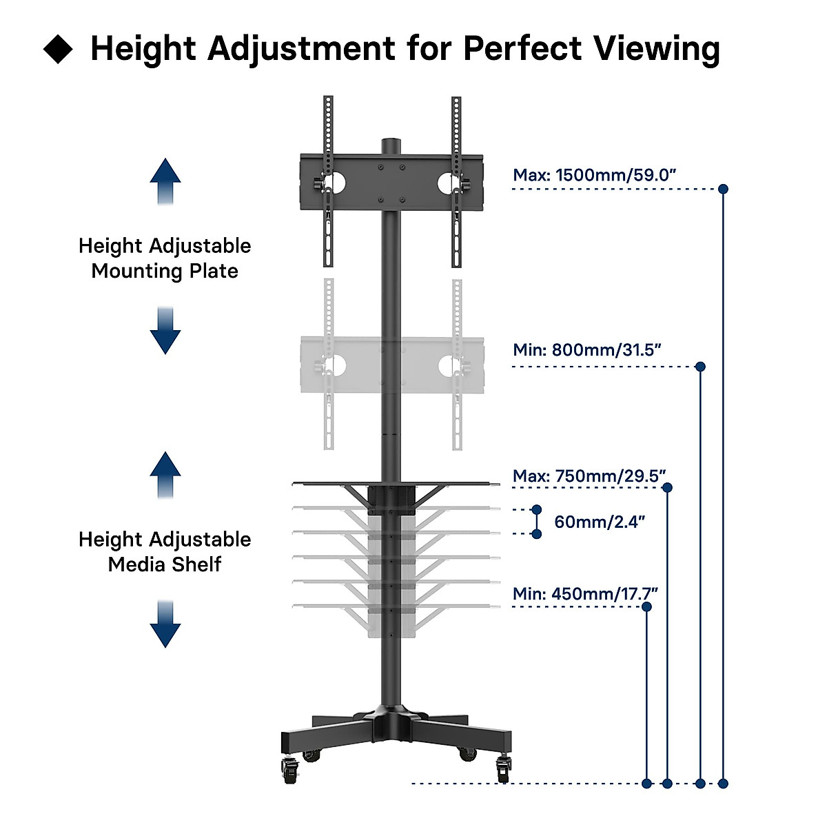 BONTEC Tilt Rolling TV Stand, Mobile TV Stand with Locking Wheels for 23-60 Inch LED, LCD, OLED Flat&Curved TVs, Height Adjustable TV Cart with Laptop Shelf, Holds Up to 88lbs Max VESA 400x400mm