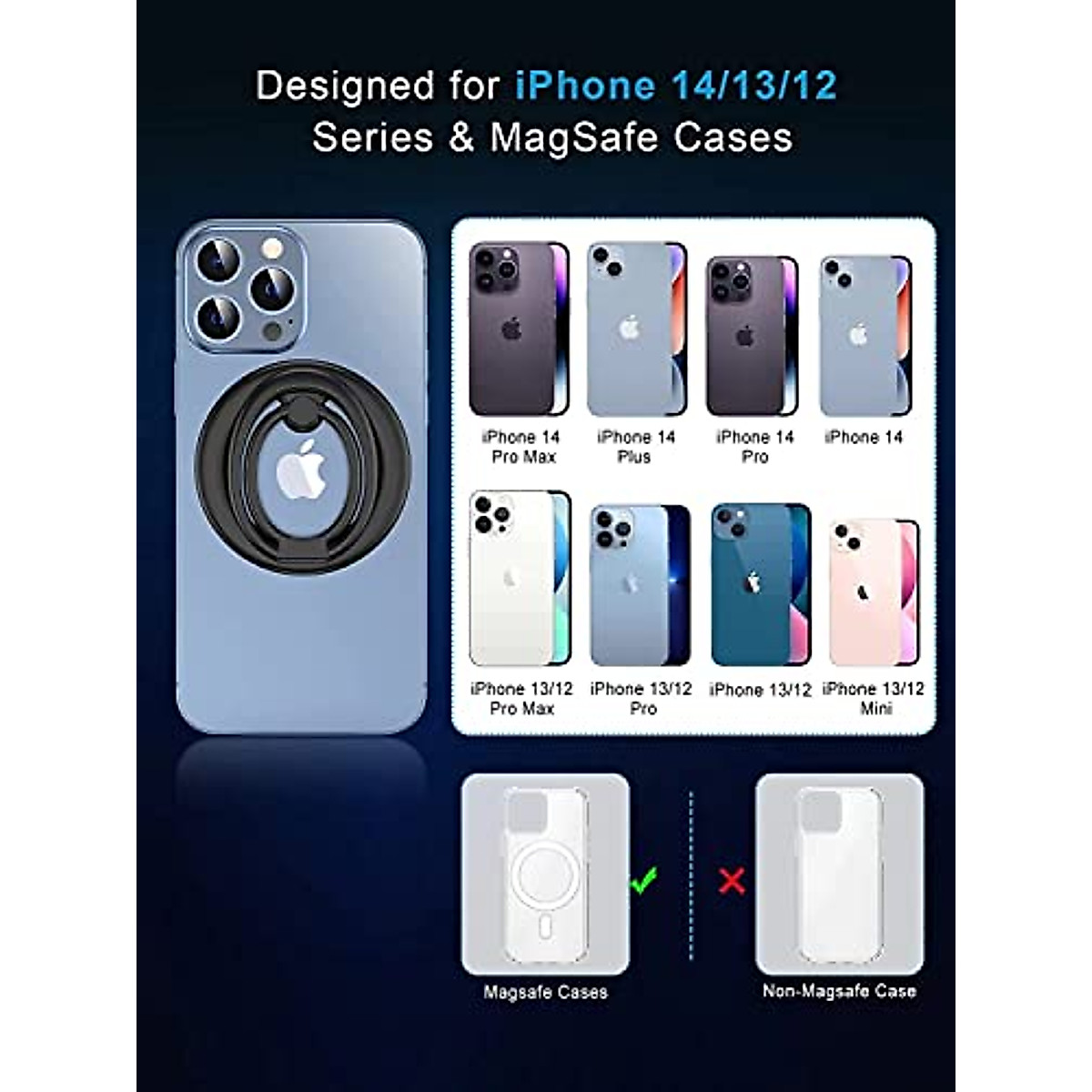 SUPERONE for MagSafe Phone Ring Holder, Adjustable Magnetic iPhone Kickstand, Phone Ring Stand, Removable Ring Grip Wireless Charging Only Compatible with iPhone 15 &14 & 13 & 12 Series & MagSafe Case