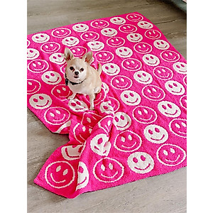Happy Face Knitted Throw Blankets Reversible Soft Knit Blanket with Two-Toned Cute Pattern Bed Throws Fuzzy Kids Blanket Warm Cozy for Home Couch Sofa (Rosy)