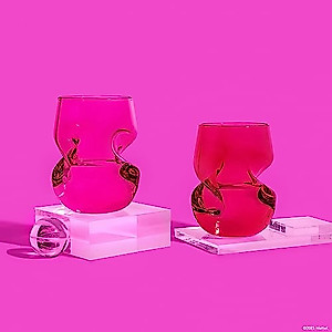 Dragon Glassware x Barbie Stemless Wine Glasses, Pink and Magenta Glass with Finger Indentations, Naturally Aerates Wine, Unique Gift for Wine Lovers, 16 oz Capacity, Set of 2