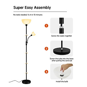 BoostArea Floor Lamps for Living Room, Modern Floor Lamp with Reading Lamp(12W, 4W), Bright Standing Lamp with Bulbs, 70.5" Tall, White Plastic Lampshades,3-Way Rotary Switch, Simple Pole Lamps, Black