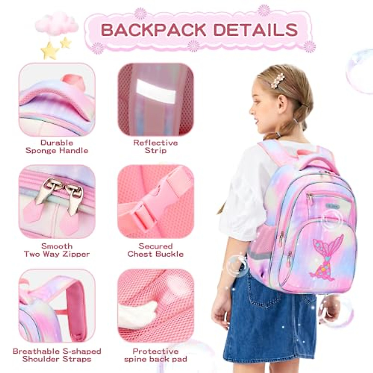 Kids Backpack for Girls Preschool Elementary Kindergarten Mermaid School Bag 15.6″ Multifunctional Cute Large Capacity
