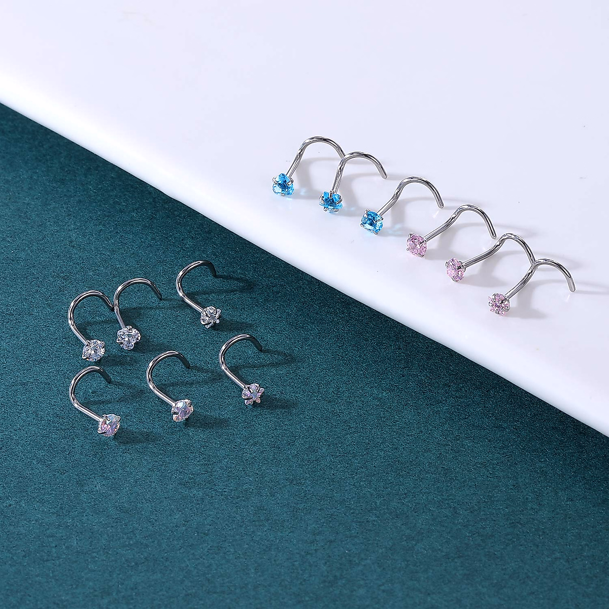 ZS 9-12PCS 20g Surgical Stainless Steel Nose Stud Ring Piercing Nose Bone/L Shaped/Nose Screws Rings Set (12pcs nose screws style)
