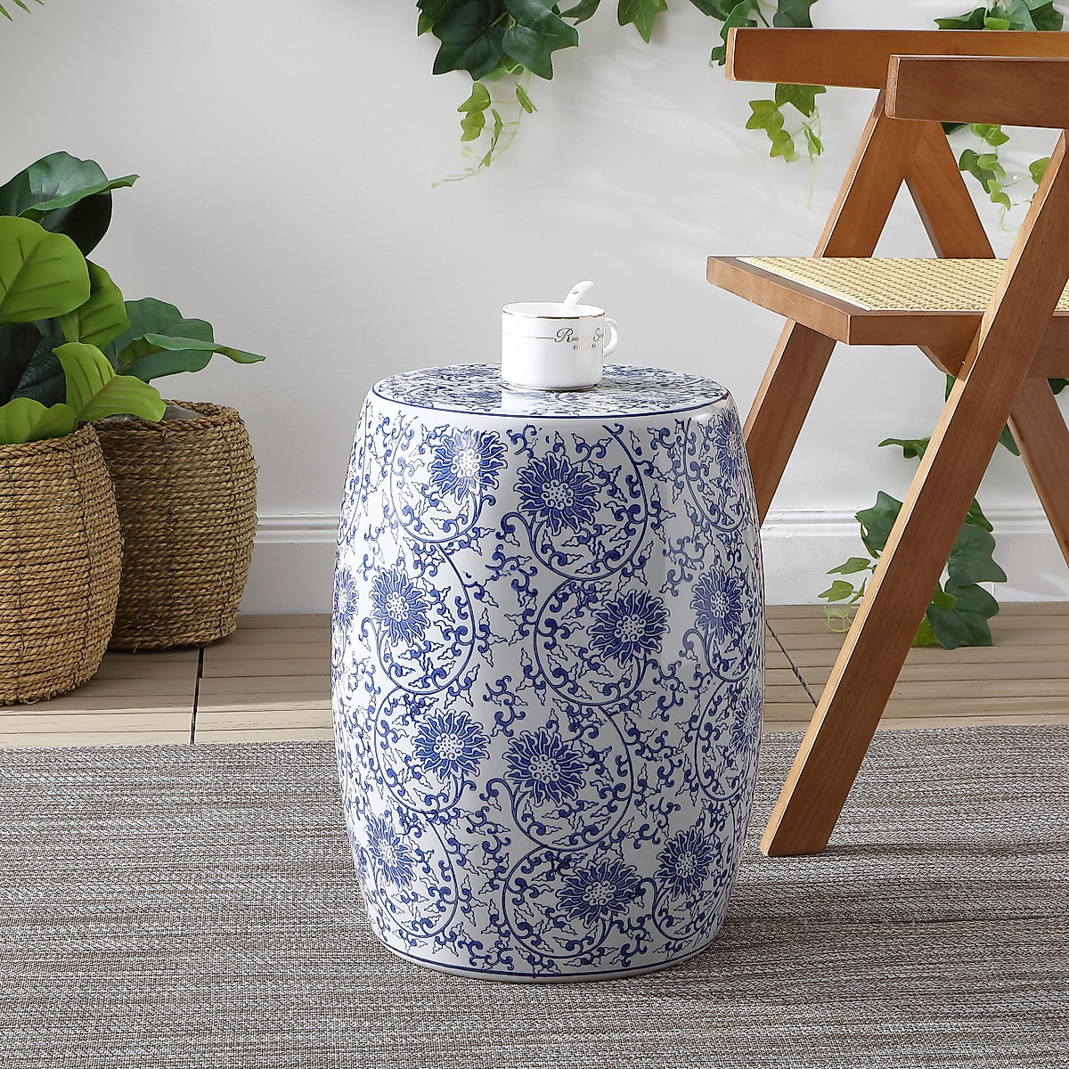 JONATHAN Y TBL1009A Lotus Blossom 17.5" Chinoiserie Ceramic Drum Garden Stool Bohemian, Coastal, Classic, Cottage, French Country, Traditional, Transitional, Bathroom, Garden Room, Patio, Blue/White