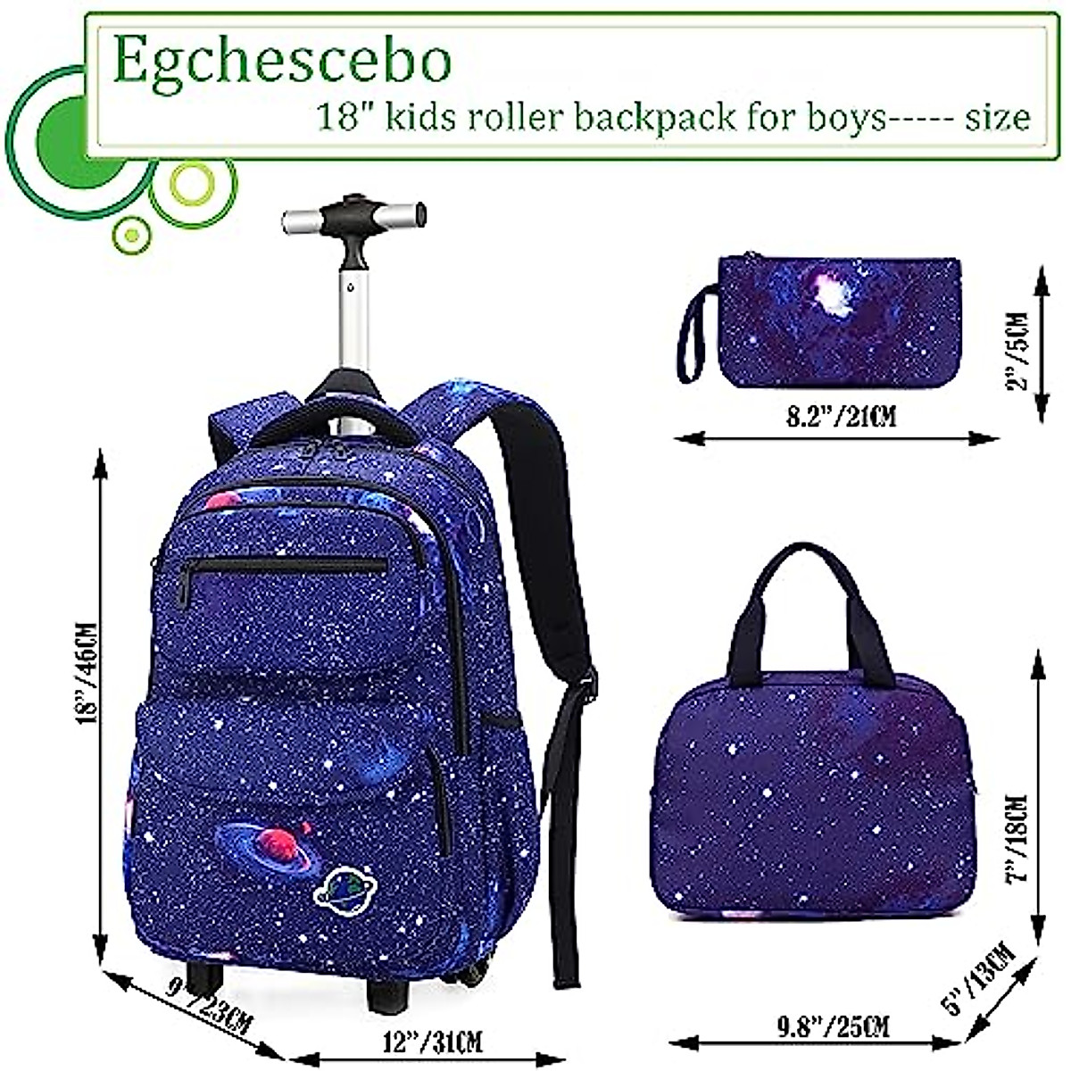 Egchescebo School Kids Rolling Backpack for Boys With Wheels 3PCS 18" Trolley Wheeled Backpacks Students Travel Bags Backpack With Lunch Box Pencil Bag (Non-Removable for More Durability) Blue