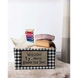 2 Pack Large Storage Baskets Bins Welcome Please Remove Your Shoes Collapsible Storage Box Laundry Organizer for Closet Shelf Nursery Kids Bedroom Rustic Black White Plaid