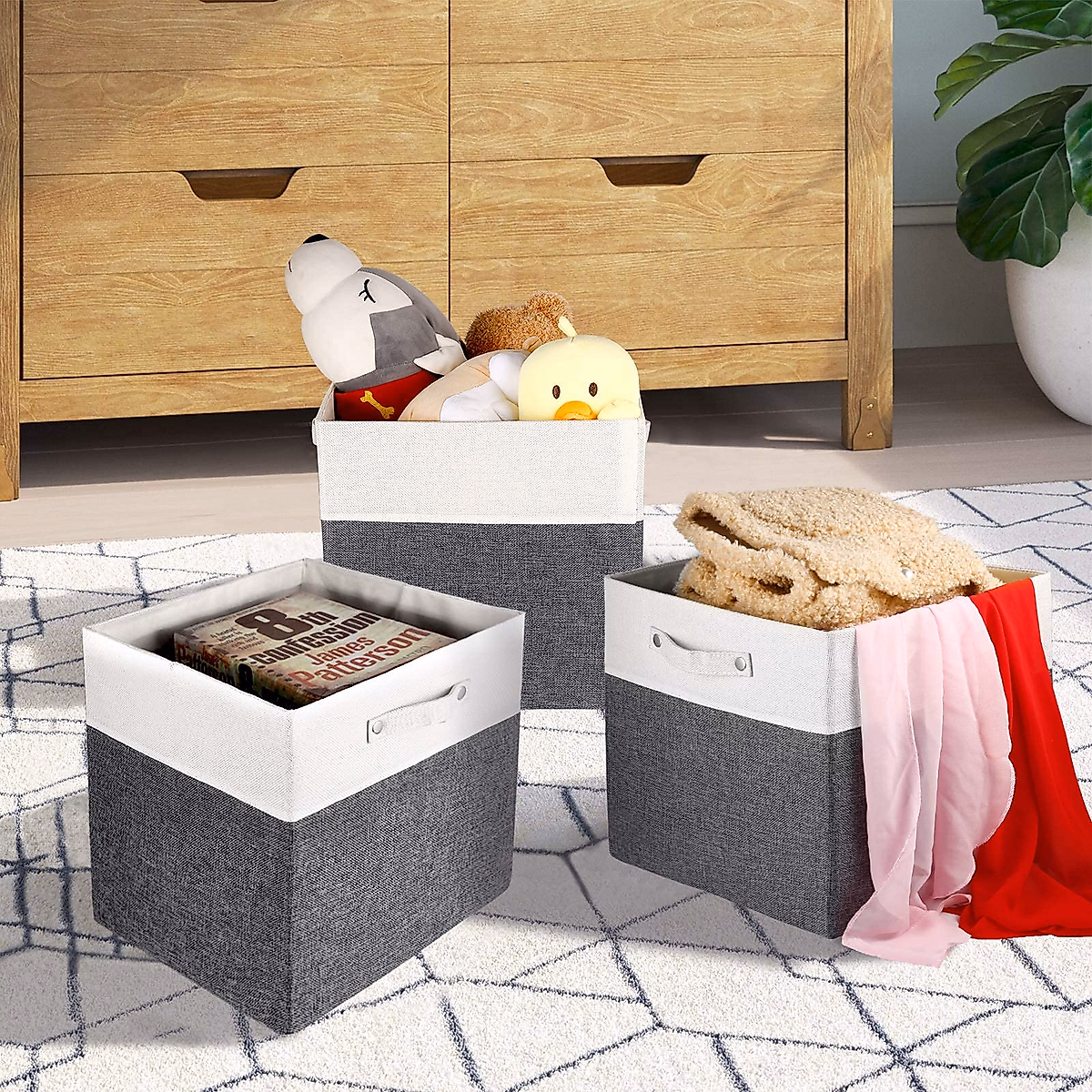 Vextronic Collapsible Cube Storage Bins, 13x13x13 Inch Fabric Large Storage Baskets with Handles, Foldable Storage Box for Closet Shelves, Toy Organizer and Clothes Storage (3 Pack, Grey & White)