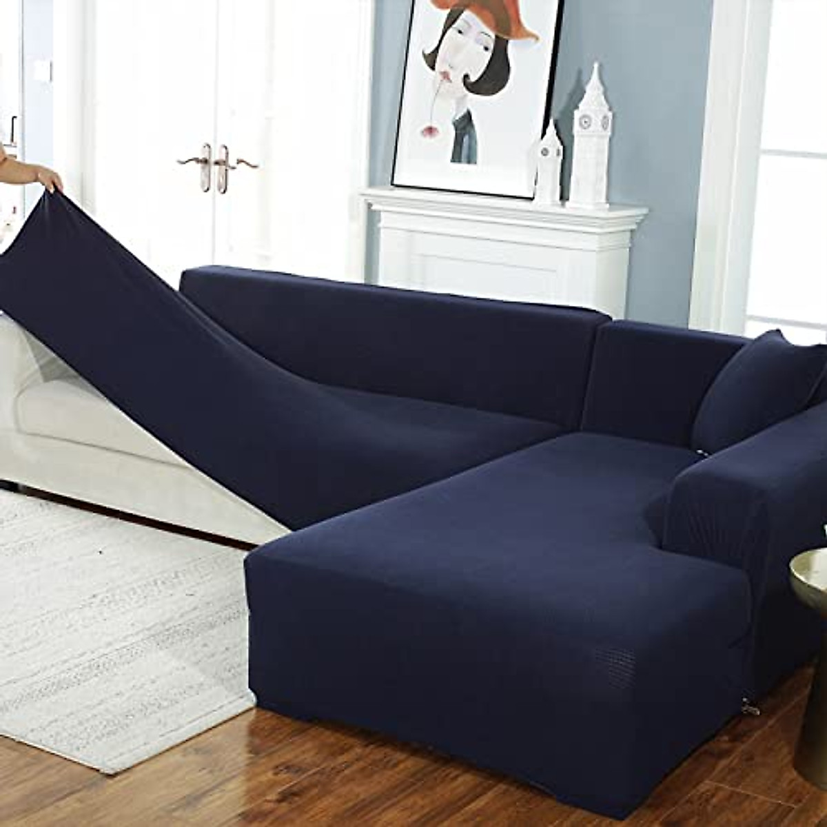 OITTO L Shaped Stretch Sofa Cover,Sectional Sofa Cover,Thickened Elastic Covers for Kids Pet Sofa - 4 Seater Navy Blue Universal Furniture Protector (235~300cm)
