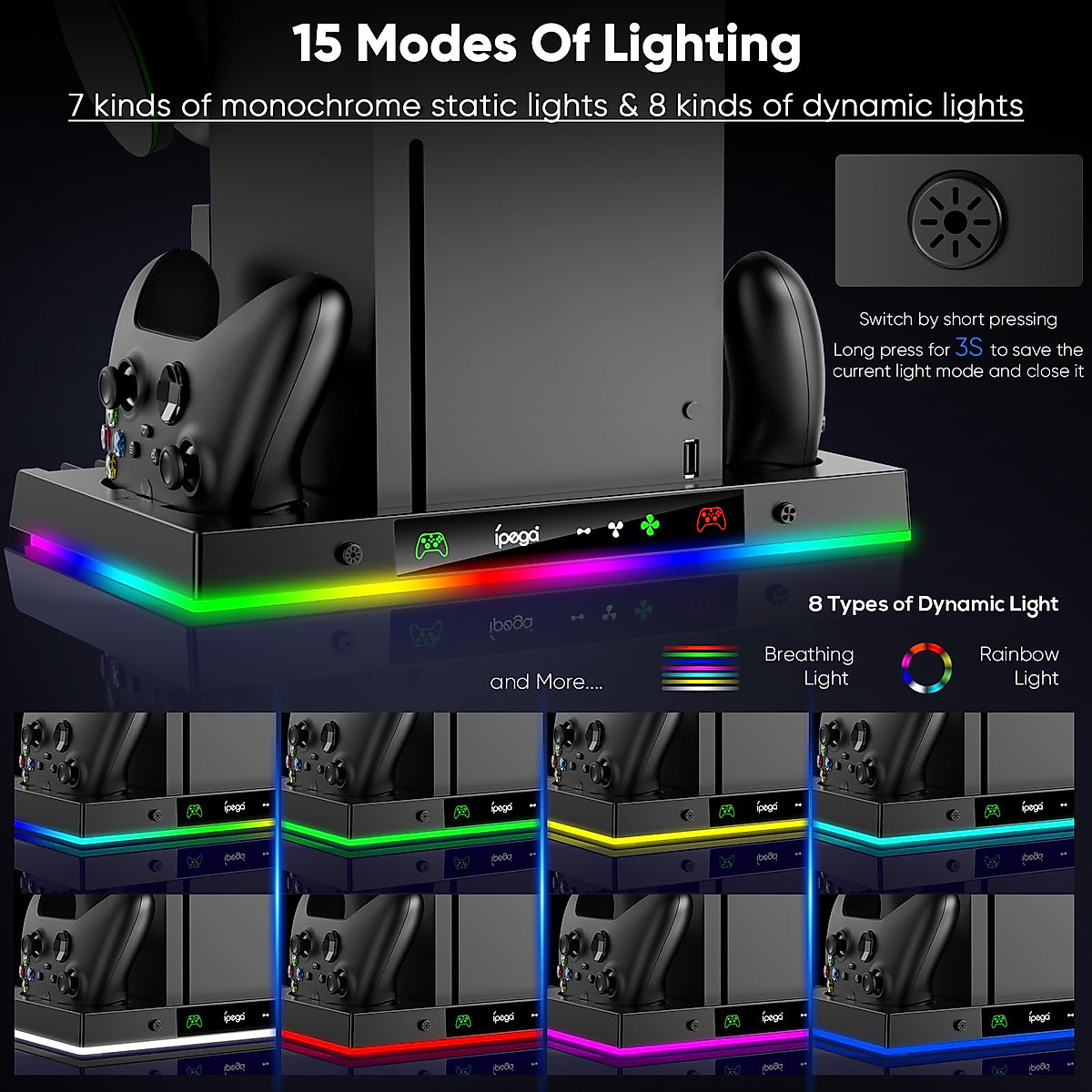 Upgrade Cooling Fan &Dual Controller Charging Station for Xbox Series X with 15RGB Light, Vertical Stand Charger Dock with 2 Rechargeable Batteries Packs, Cooler System with Disc Accessories Storage