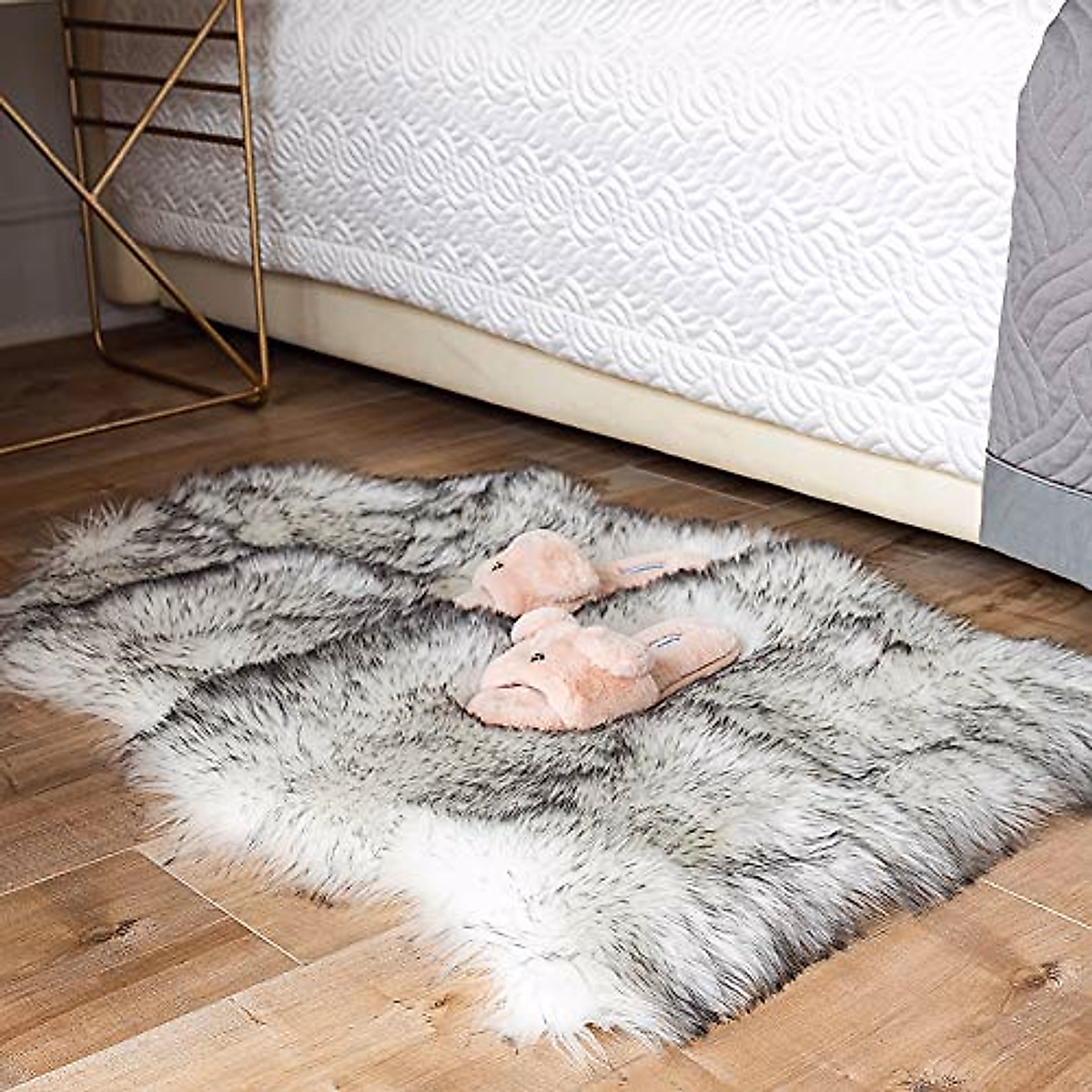 Carvapet 2 Pieces Soft Fluffy Faux Fur Chair Couch Cover Plush Sheepskin Area Rug Bedroom Living Room 2 x 3 Feet,Black/White