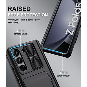 SIXBOX for Samsung Galaxy Z Fold 5 Case with Card Holder & Slide Camera Cover, Built-in Screen Protector & Hinge Protection, Shockproof Durable Wallet Phone Case for Galaxy Z Fold 5 5G 2023, Black