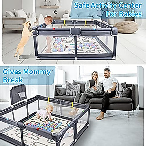 Baby Playpen with Basketball Large Playpen with Mat Playard for Babies Toddlers and Kids Play Pen Indoor & Outdoor Activity 63x63 Inches Extra Baby Play Pen with 100 PCS Ocean Balls