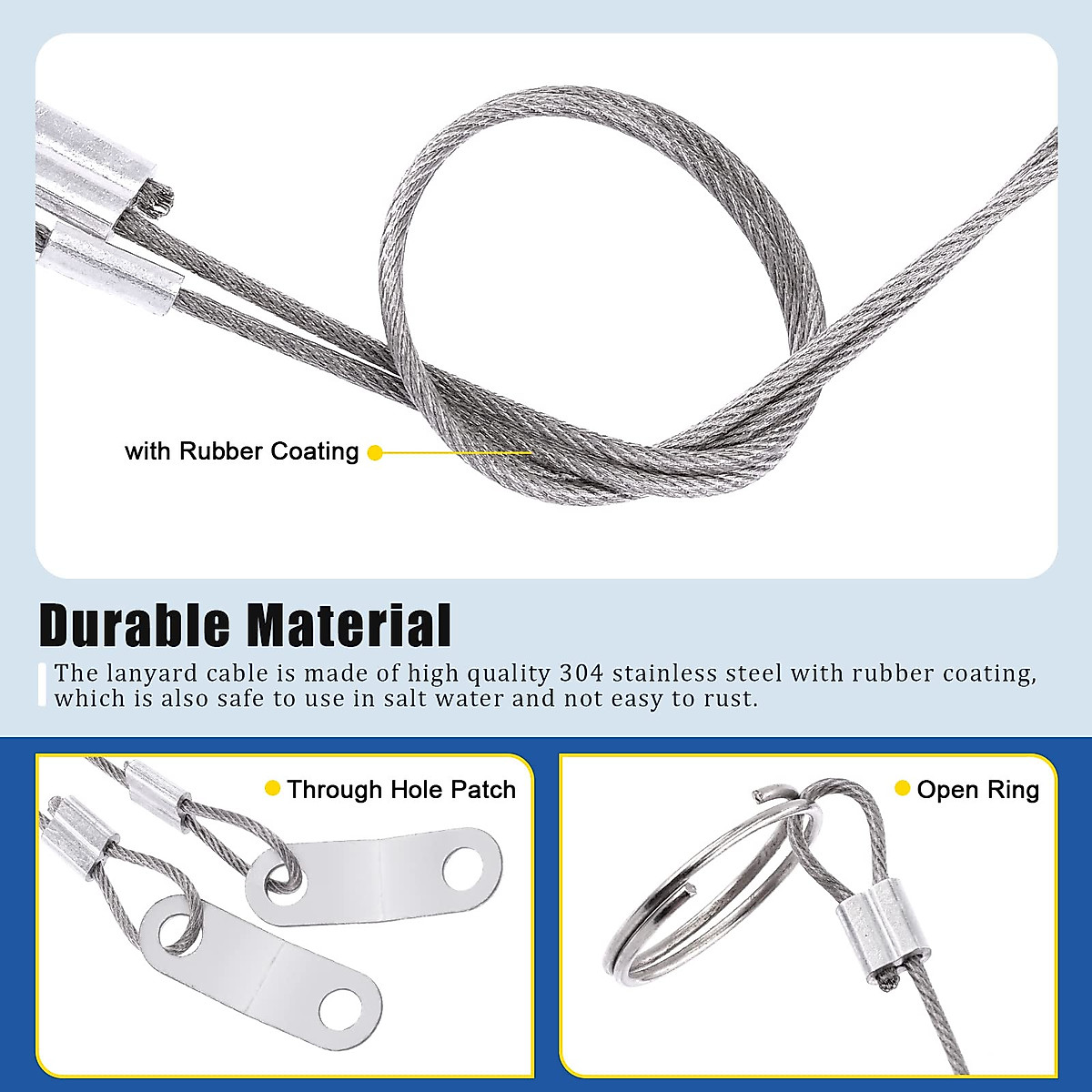 Glarks 20Pcs 11 Inches Lanyard Cable Set Including 10Pcs 304 Stainless Steel Safety Tether Wire with Quick Release Ring and Rubber Coating and 10Pcs Self Drilling Hex Head Screws for Car Boat Fastener