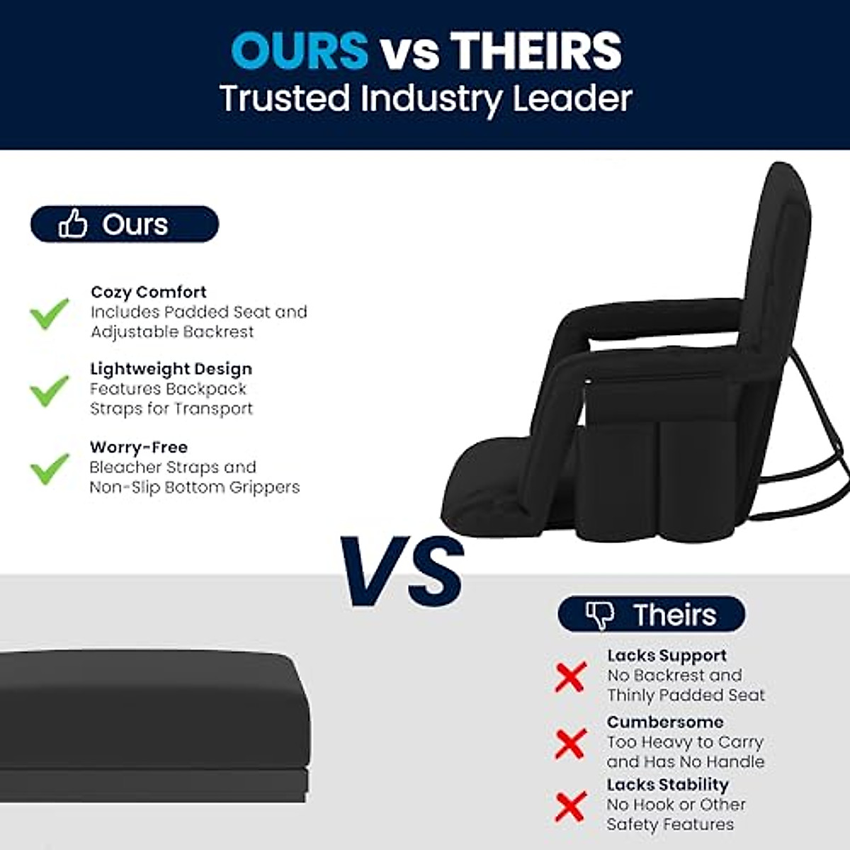 Flash Furniture Malta Portable Stadium Seat for Bleachers or Benches, Padded Stadium Chair with Backpack Straps and Storage, 265 lb. Weight Capacity, Black