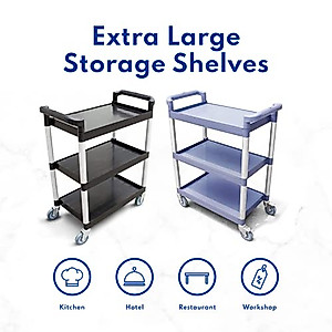 New Star Foodservice 54552 350-Pound Plastic 3-Tier Utility Bus Cart with Locking Casters, 42.5" x 19.5" x 38.5", Black
