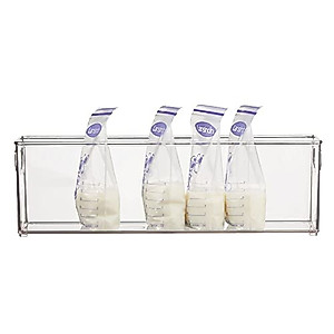 mDesign Plastic Long Stackable Storage Organizer Container, Organization Bin w/Handles for Kitchen, Pantry, Fridge, Freezer, Cabinet, Perfect to Hold Breast Milk - Ligne Collection - 4 Pack, Clear