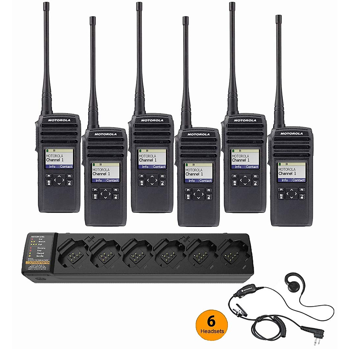 6 DTR600 Digital 900 MHz. License Free Digital Two-Way Business Radios with Display, 6 HKLN4604 Swivel Earpieces & 1 PMPN4465 6 Radio Charger by Motorola Solutions - Intended for Business Use