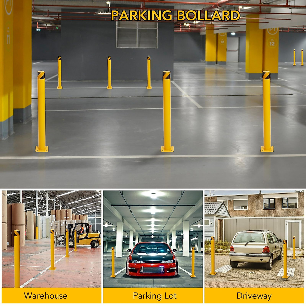 4 Packs 48 Inch Height Bollard Post, Iron Steel Safety Bollard Parking Barrier for Parking Lot, Yellow Driveway Security Bollards for Traffic Control, Parking&Traffic-Sensitive Area