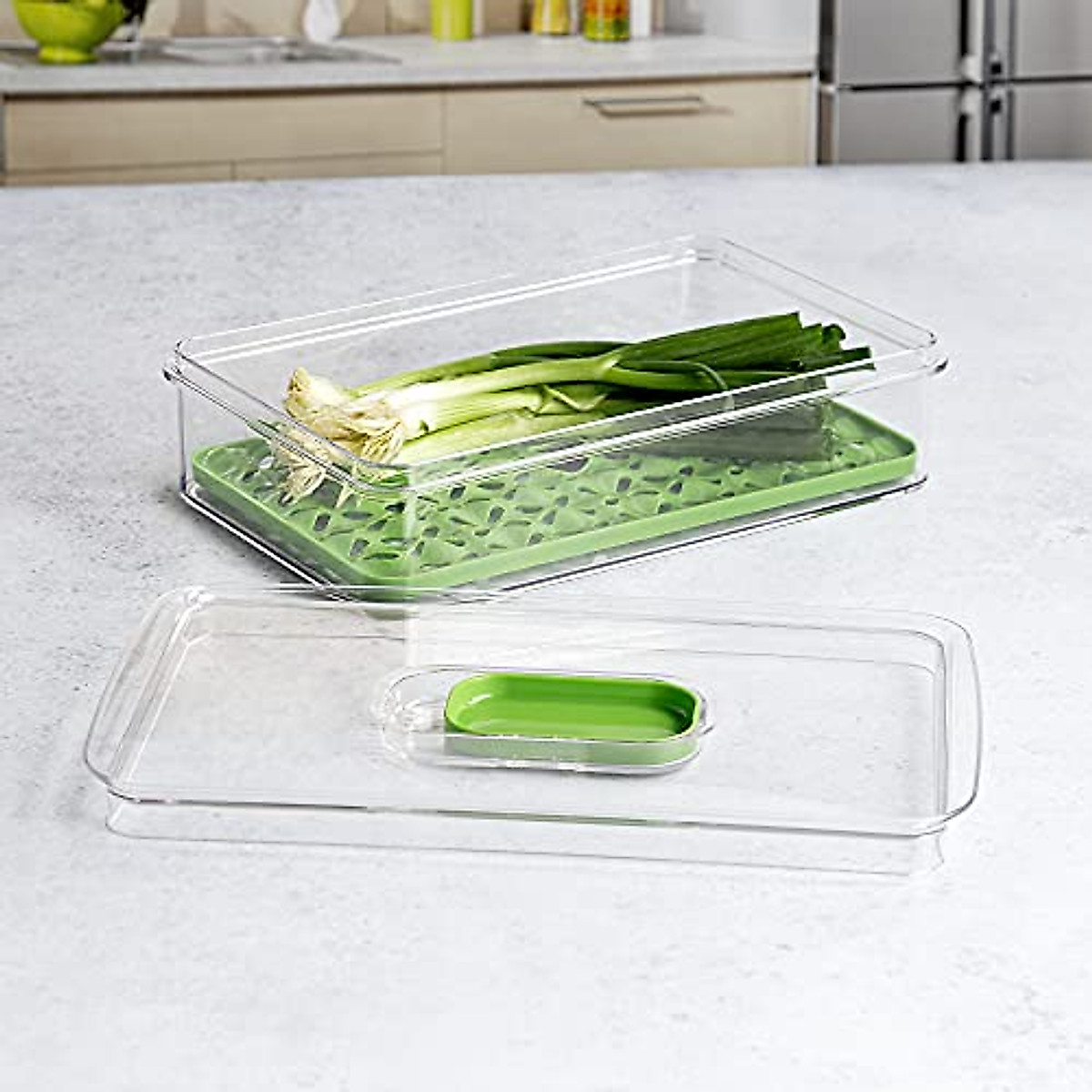 Goodful Produce Keeper, Adjustable Air Vents, Removable Insert/Colander, Durable Food Safe Material, Stackable, Clear and Green, Flat, 11.6" x 6.8" x 2.8"