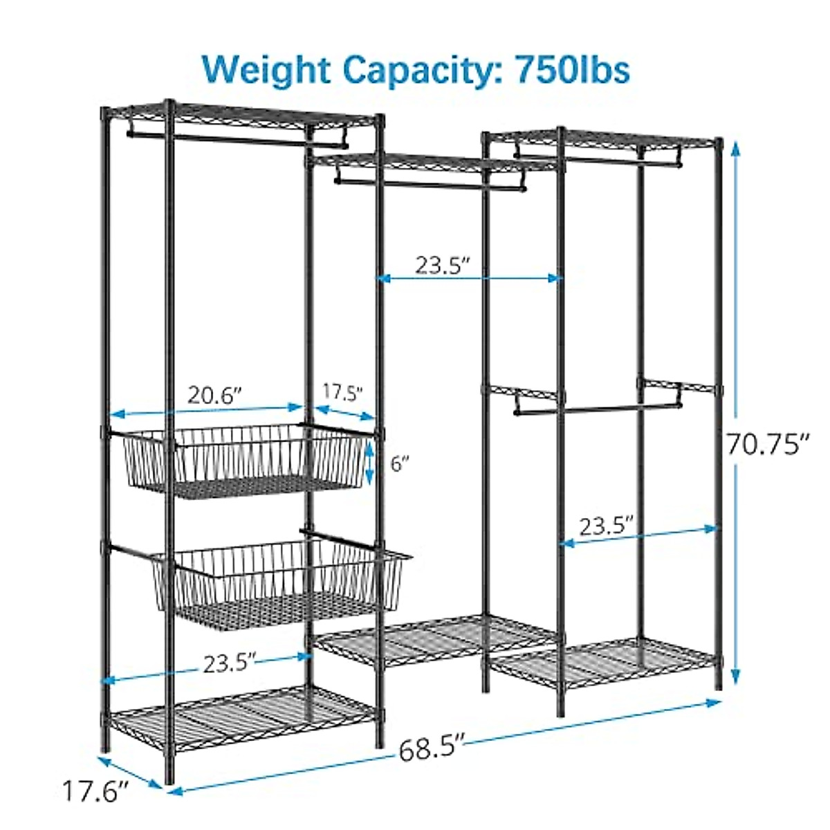 VIPEK V10S Wire Garment Rack Heavy Duty Clothes Rack Freestanding Closet Wardrobe Metal Clothing Rack with Sliding Baskets, 68.5" L x 17.6" W x 70.75" H, Max Load 800 LBS, Medium Size (Black)