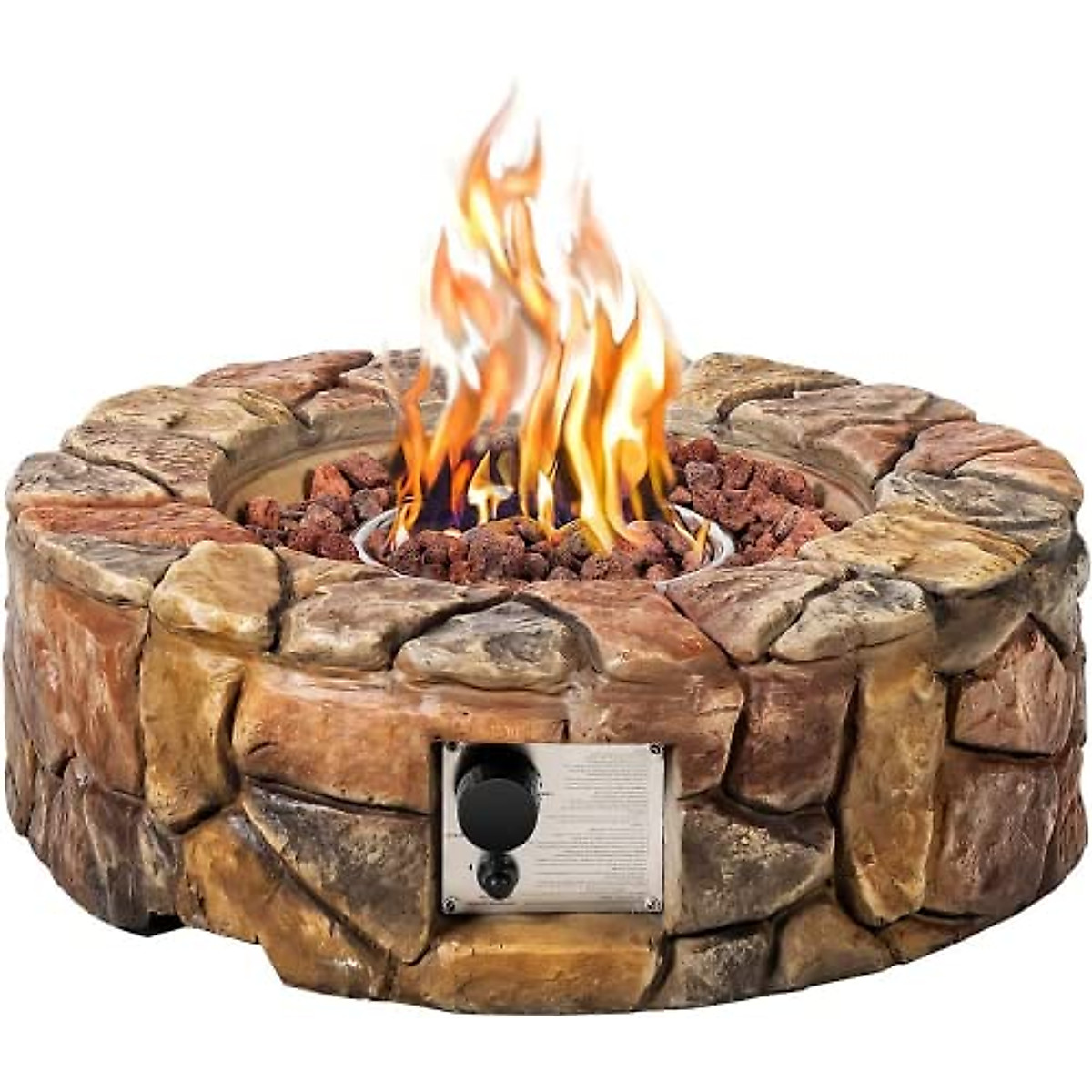 Renatone 40,000 BTU Propane Gas Fire Pit, 28 Inch Round Stone Fire Pit with PVC Cover, Lava Rock, 10ft Gas Pipe, ETL Certified, Stainless-Steel Gas Burner for Patio Garden Backyard Deck (Brown)