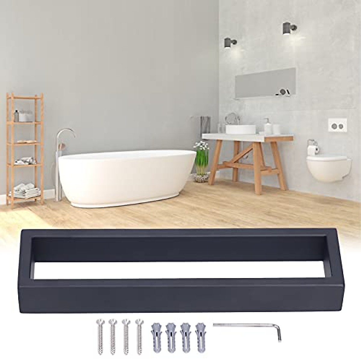 Rectangular Towel Bar, 304 Stainless Steel Rail Towel Rack for Bathroom Wall Mounted Towel Holder, Heavy Duty Towel Hanging Rod Matte Black