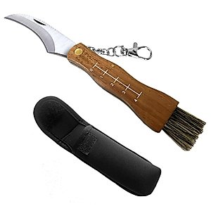 HANZIUP Folding Mushroom Knife Fungus Truffles Harvest Sharp Knives, Wood Handle with Bolster & Brush, Neoprene Pouch