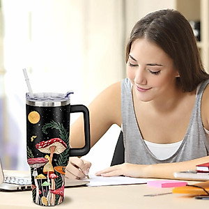 thmasamwr Mushroom Tumbler with Lid and Straw, Stainless Steel Mushroom 40oz Tumbler with Handle, Black Mushroom Travel Coffee Mug Mushroom Gifts Cups for Women and Men