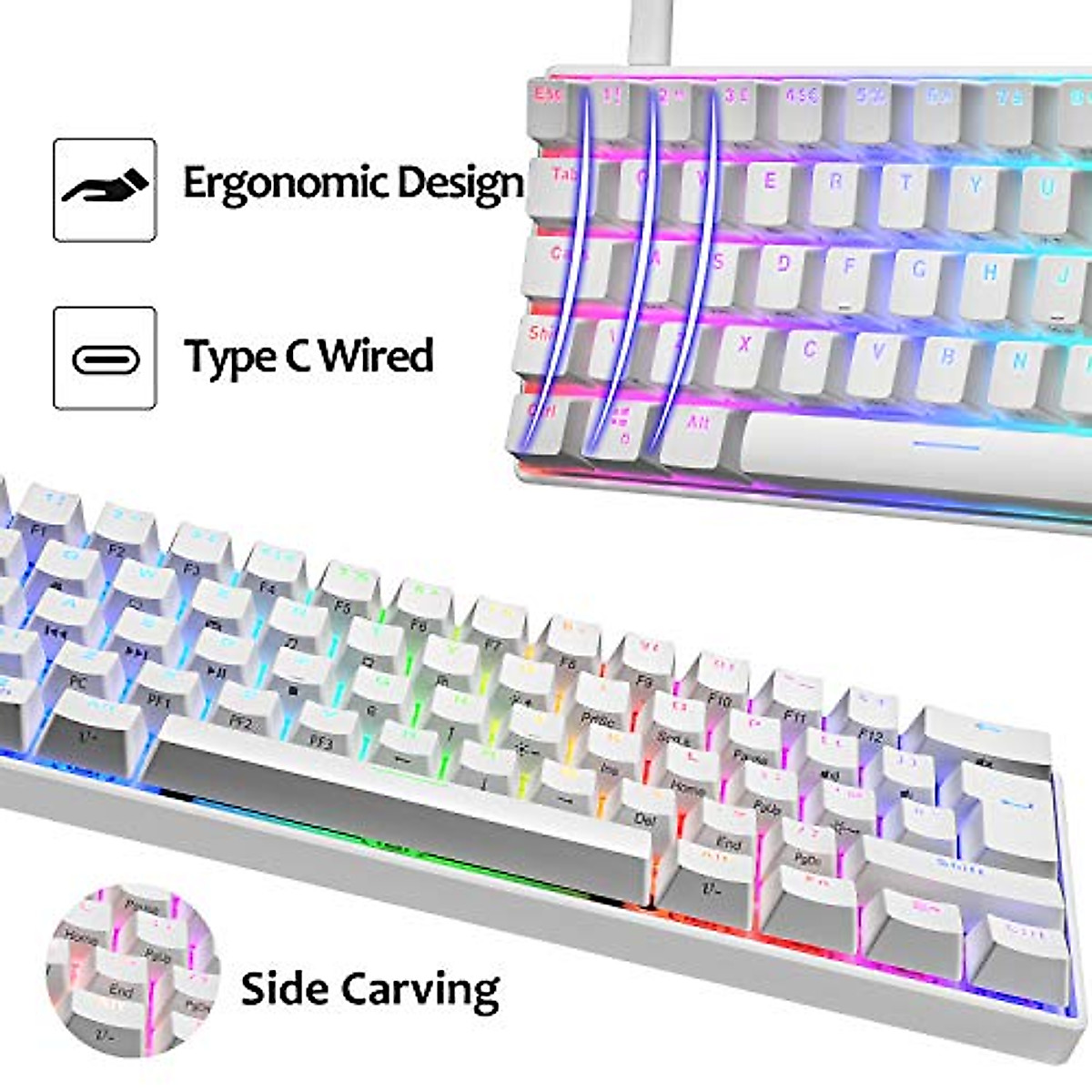 UK Layout 60% True Mechanical Gaming Keyboard Type C Wired 61 Keys LED Backlit USB Waterproof Keyboard 14 Chroma RGB Backlight Full Anti-ghosting Keys for Computer/PC/Laptop/MAC (White/Blue Switch)