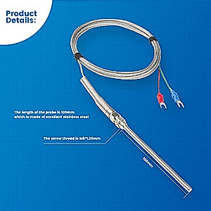 CGELE K-Type Thermocouple Temperature Sensors 0~600℃，2M/6.6Ft Wire Probe Length 100mm Two Wire 100×5mm Stainless Steel Probe Temperature Detector Temperature Gauge