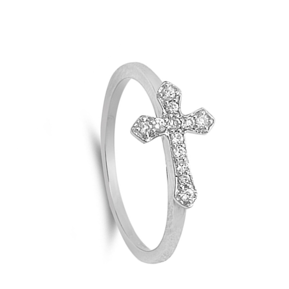 Sterling Silver Women's Clear CZ Sideways Cross Ring Unique Band 9mm Size 4