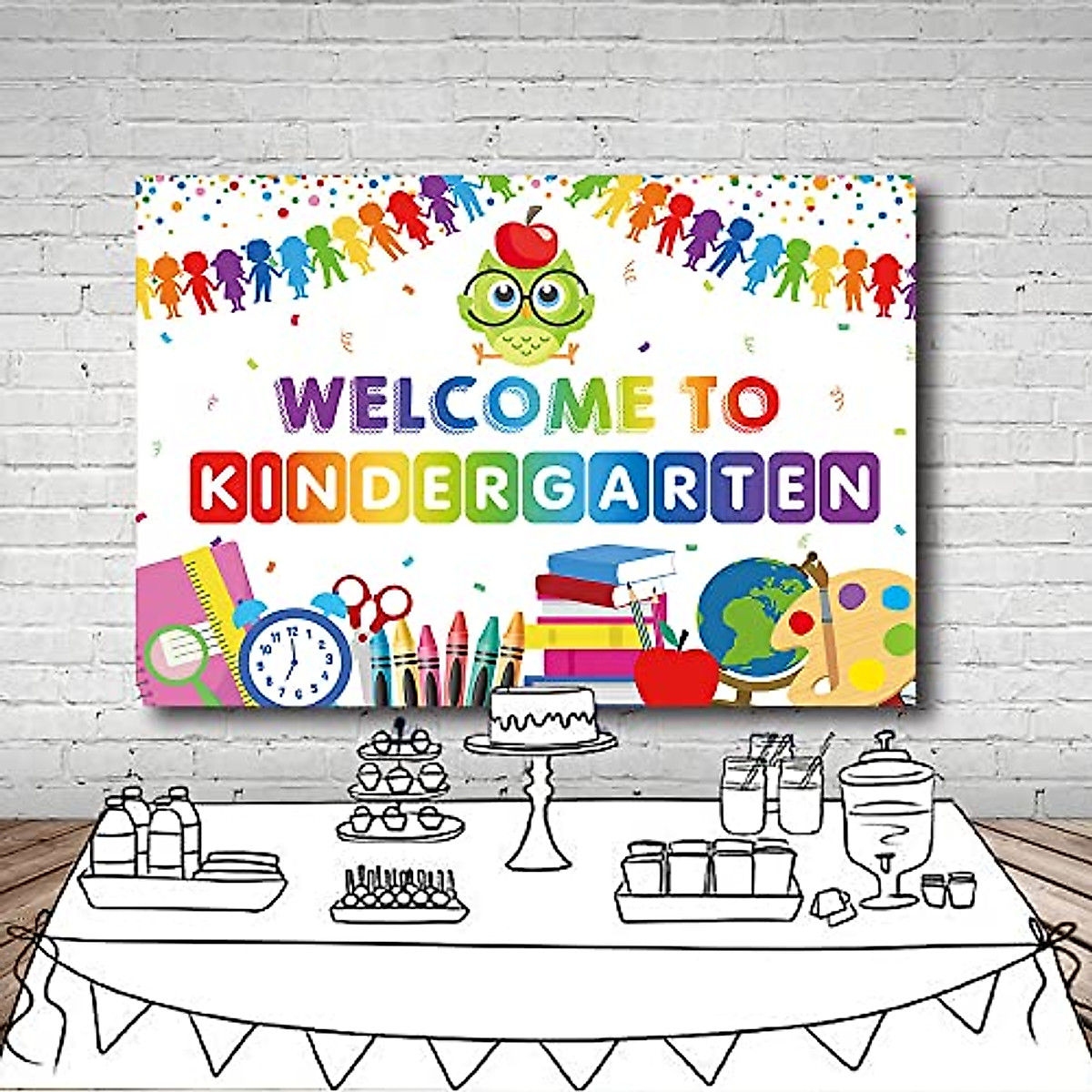 MEHOFOND 7x5ft Welcome to Kindergarten Backdrop Owl Colorful Flags Back to School Kids Classroom Party Decorations First Day in Preschool Kindergarten Photography Background Photo Studio