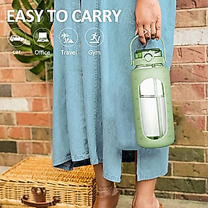 64oz Glass Water Bottles with Straw Time Marker Half Gallon Large Motivational Water Bottle with Silicone Sleeve 2L Big Glass Water Jug Bottle for Gym, Sports, Workout, Daily Green