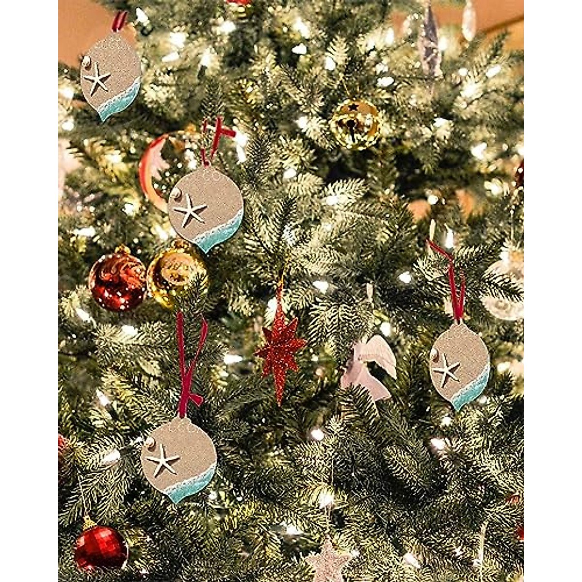 Acrylic Christmas Ornament Set of 6 Summer Starfish Shell 2023 Xmas Tree Tag Decorations, Welcome on Beach Ornaments with Ribbon for Holiday Party Hanging Tag Accessories Teal Blue Ocean