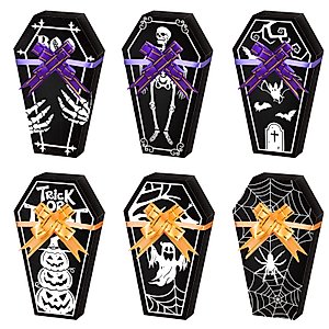 PerKoop 24 Pieces Halloween Coffin Treat Boxes with 30 Pull Bows Paper Coffin Goodies Candy Boxes Bulk Coffin Shape Gifts Box for Halloween Trick or Treat Party Favors Packing Supplies, 6 Styles