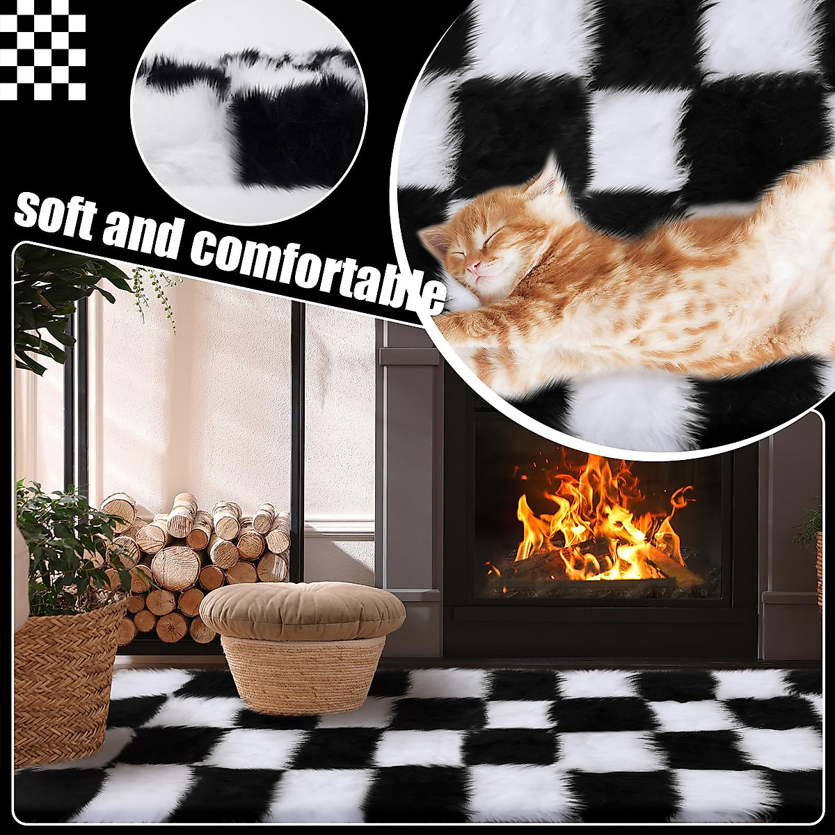 Timgle Checkered Area Rug for Living Room Shag Fuzzy Checkered Rug for Bedroom Shaggy Rug 3 Layer Fluffy Thick Washable Checkered Carpet for Teen Student Dorm Boys Girls Room(Black White, 2 x 6 ft)