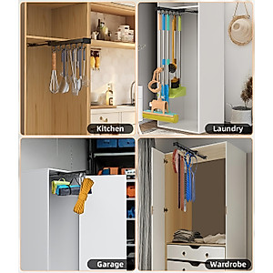 PrimZooty Pull Out Broom Holder With Adjustable Double Row Sliding Hook, Multifunctional Slide Broom And Mop Storage/Organizer Garage Organization Hooks, for Closet Laundry Garage Cupboard Kitchen