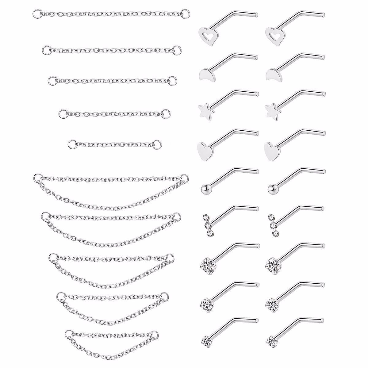 Masedy 20G Stainless Steel Nose Ring Stud Nose Ring Chain Piercing Across Double Nose Stud Heart Ball CZ Nose Studs Nostril Piercing Jewelry SL