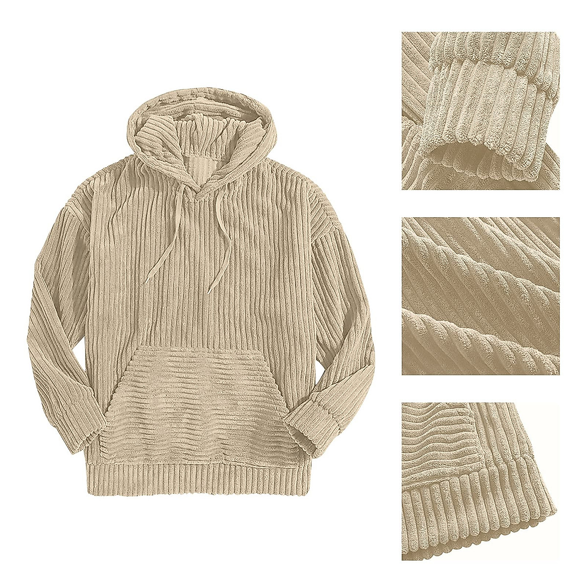 Men's Corduroy Hoodie Sweatshirts Long Sleeve Drawstring Hoodie Pullover Sweatshirt Casual Pullover Tops(Beige,XL)