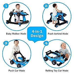 BABY JOY 4-in-1 Baby Walker, Foldable Activity Walker w/Adjustable Height & Speed, Music, Lights, Steering Wheel, Comfy Seat Cushion, Activity Baby Push Walker for Boys Girls Aged 6–18 Months (Blue)