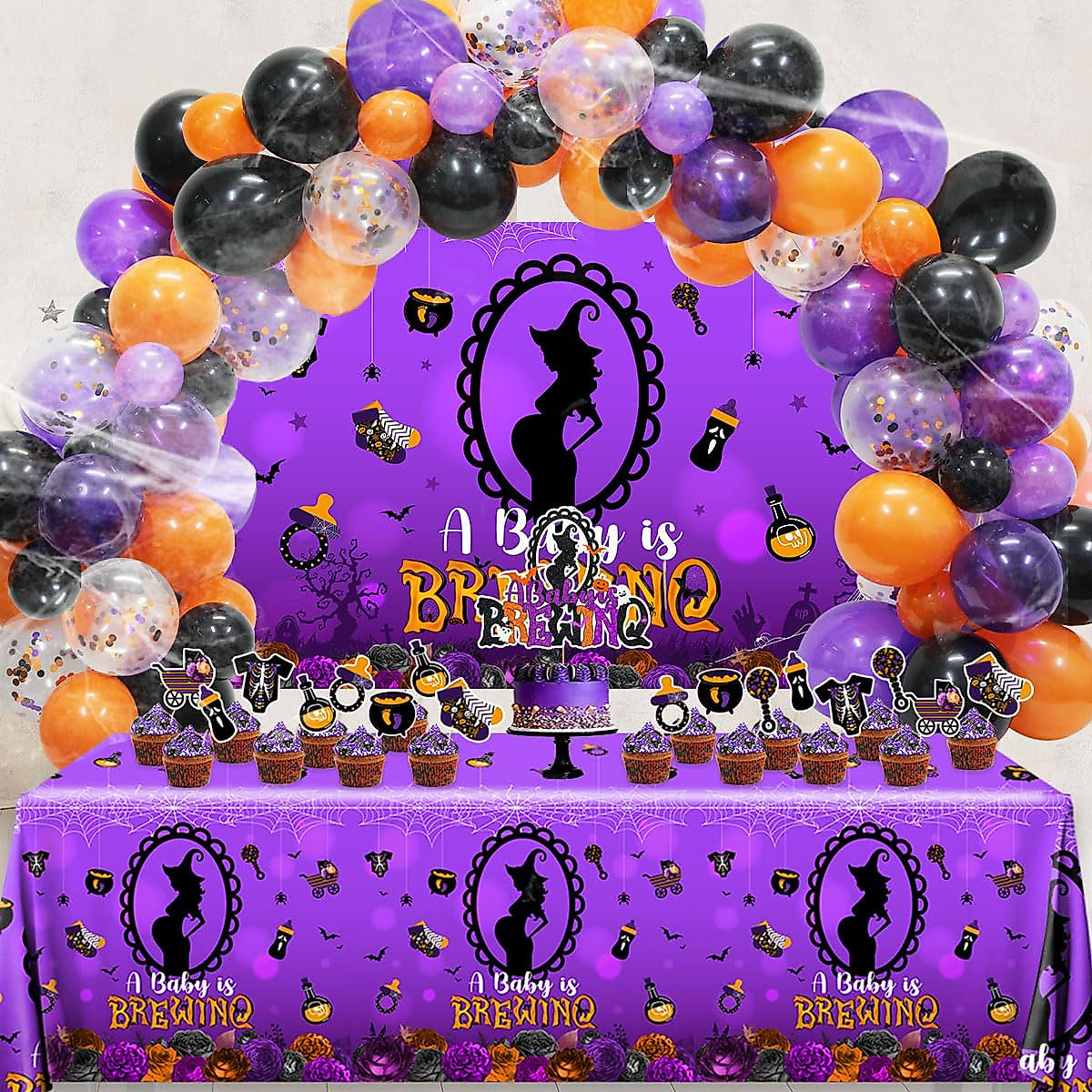 Halloween Balloons Garland Decoration A Baby Is Brewing Balloon Arch Kit Includes a Baby Is Brewing Cake Insert, Background, Spider Web Suitable for Halloween Baby Showers Gender Reveal