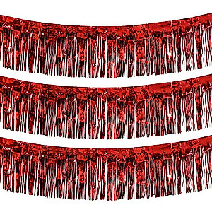Blukey 10 Feet by 15 Inch Red Foil Fringe Garland - Pack of 3 | Shiny Metallic Tinsel Banner | Ideal for Parade Floats, Bridal Shower, Bachelorette, Wedding, Birthday, Christmas | Wall Hanging Drapes